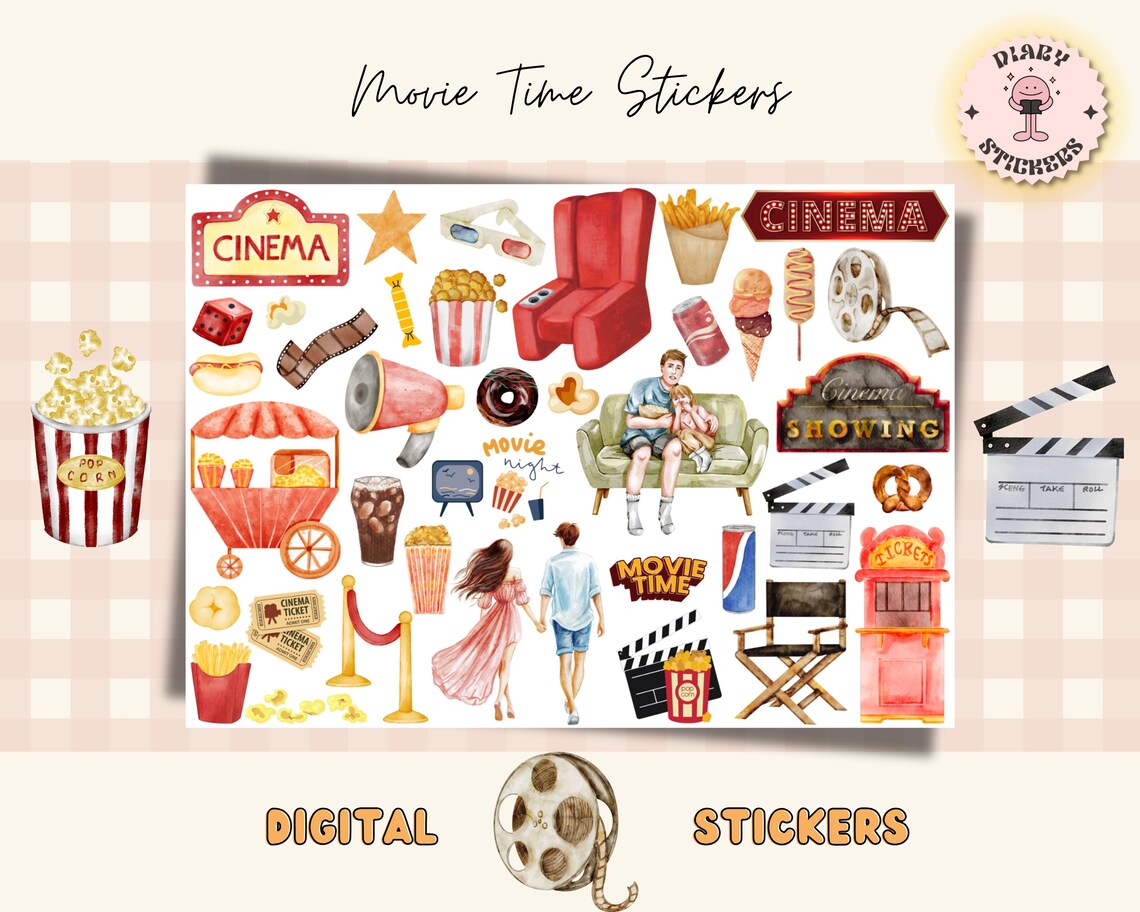 Movie Night Digital Stickers for Goodnotes, Movie Pre-cropped Digital ...