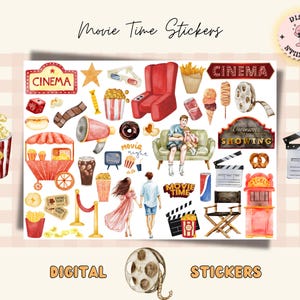 Movie Night Digital Stickers for Goodnotes, Movie Pre-cropped Digital ...