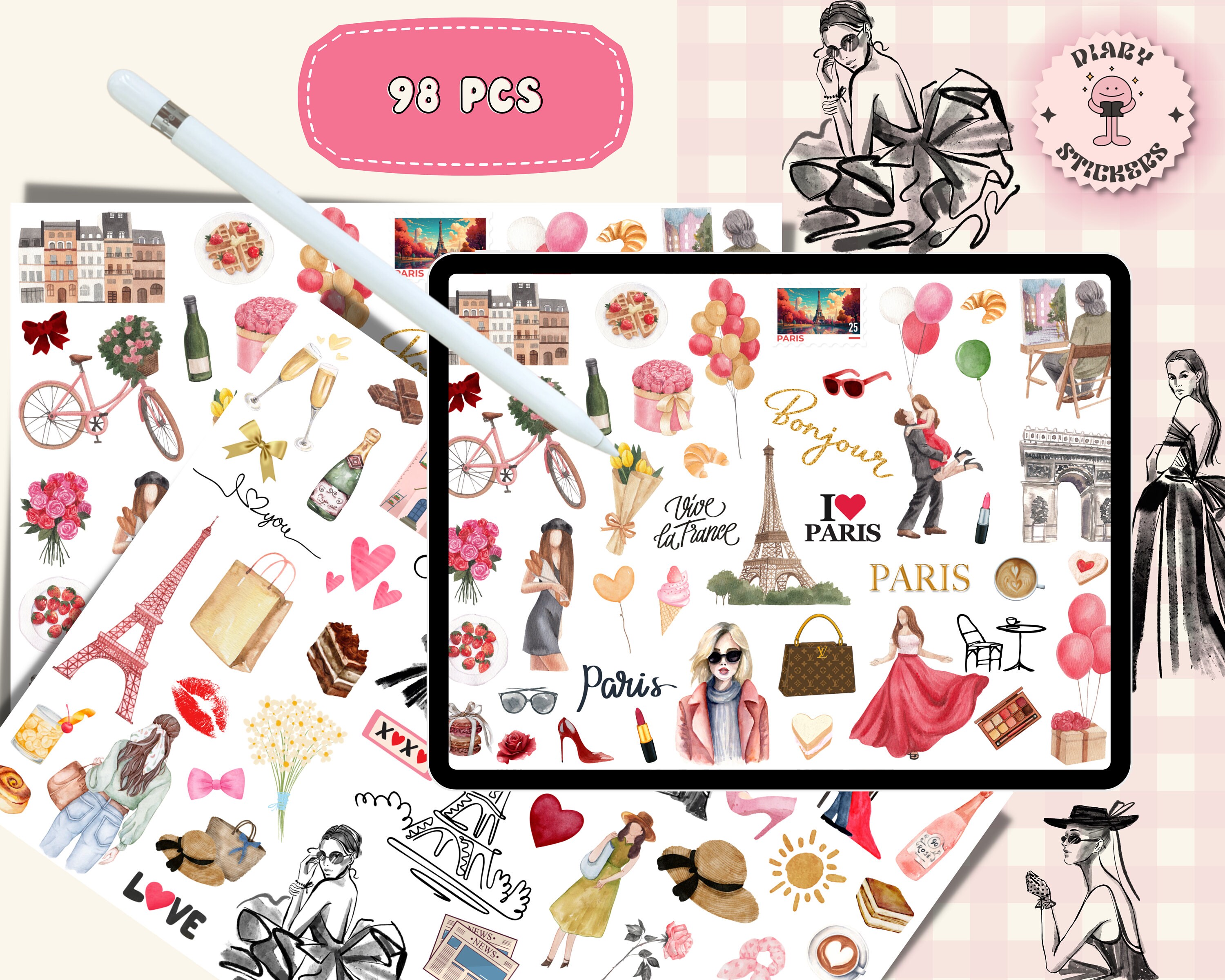 Paris Digital Stickers for Goodnotes, Paris Travel Pre-cropped Digital ...