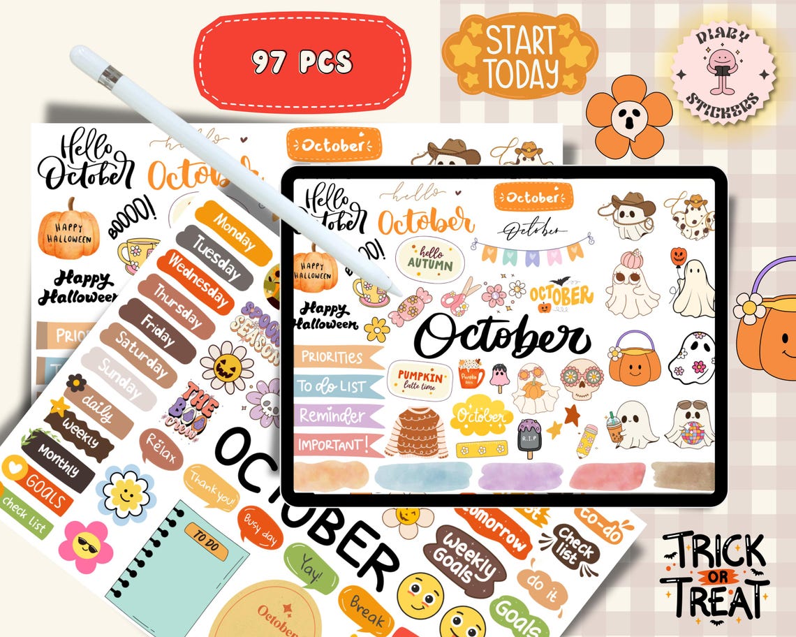 Month of October Digital Stickers for Goodnotes, October Pre-cropped ...