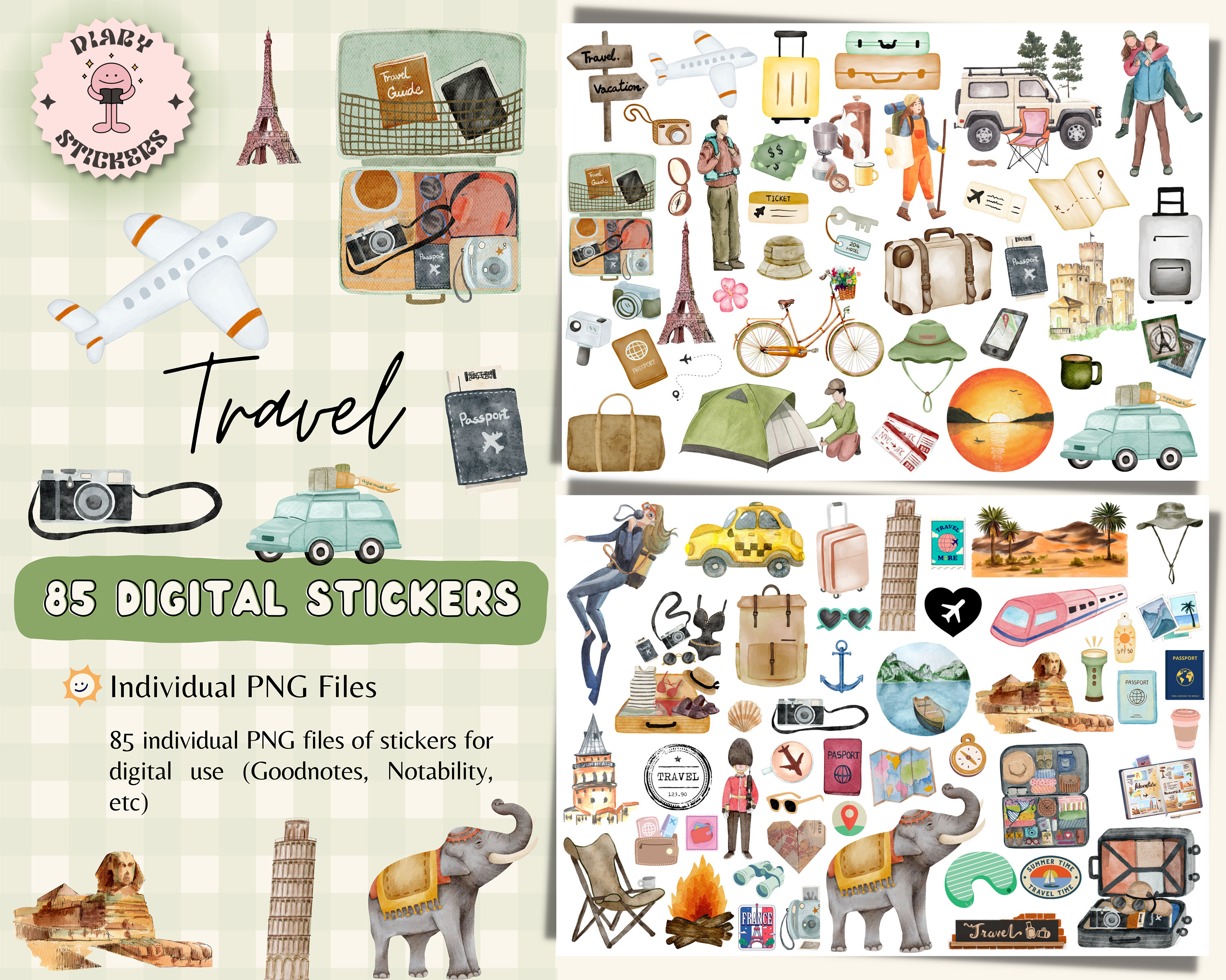 Travel Digital Stickers for Goodnotes, Travel Pre-cropped Digital ...
