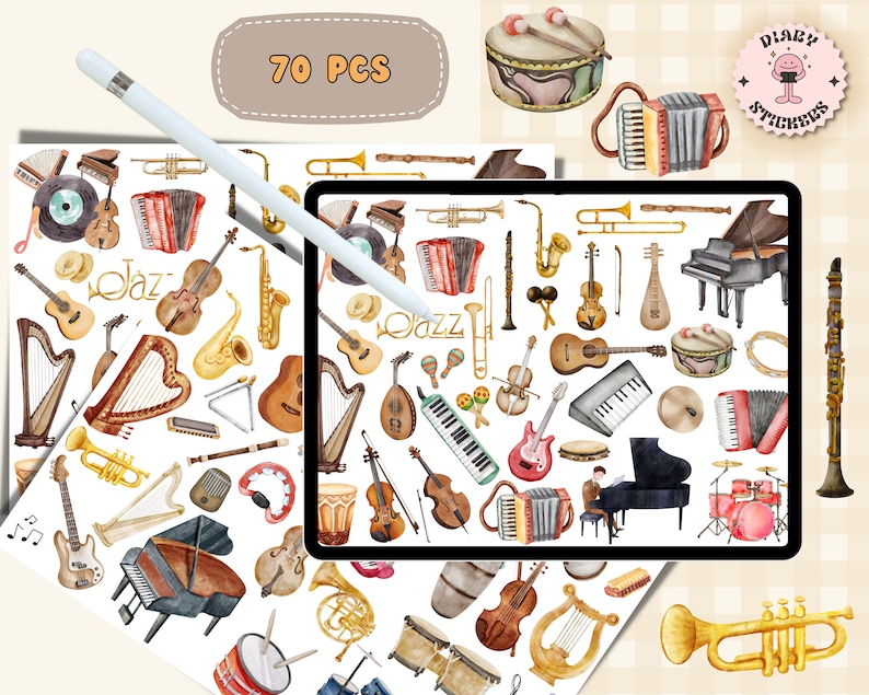Music Digital Stickers for Goodnotes, Musical Instruments Pre-cropped ...
