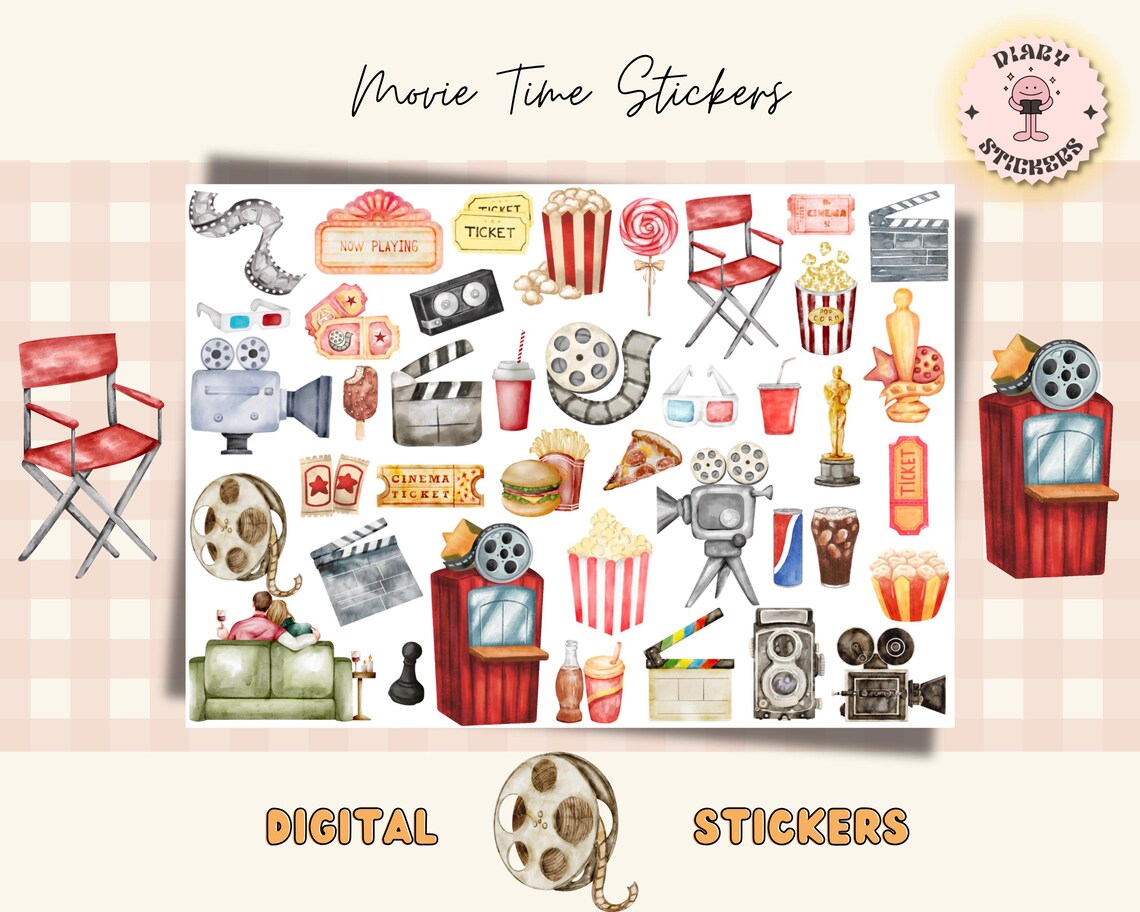 Movie Night Digital Stickers for Goodnotes, Movie Pre-cropped Digital ...