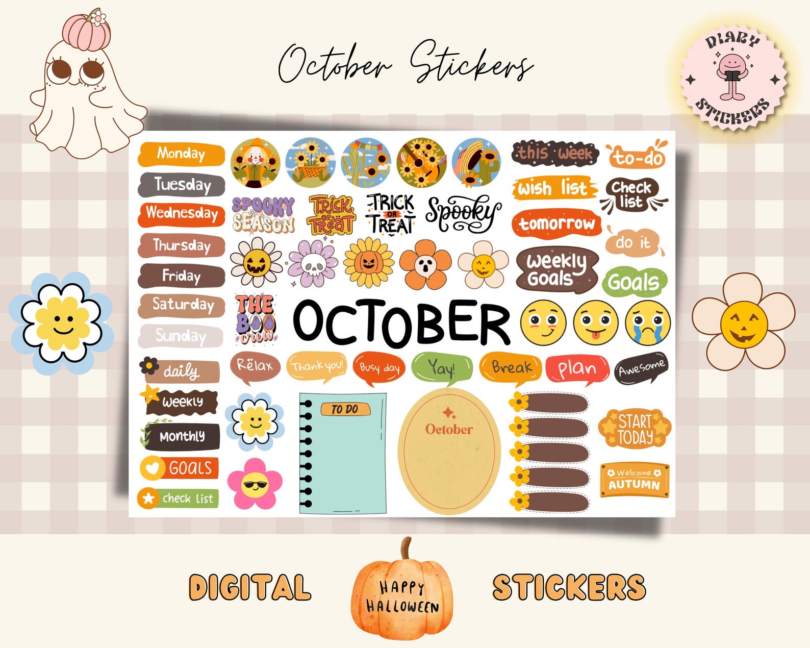 Month of October Digital Stickers for Goodnotes, October Pre-cropped ...