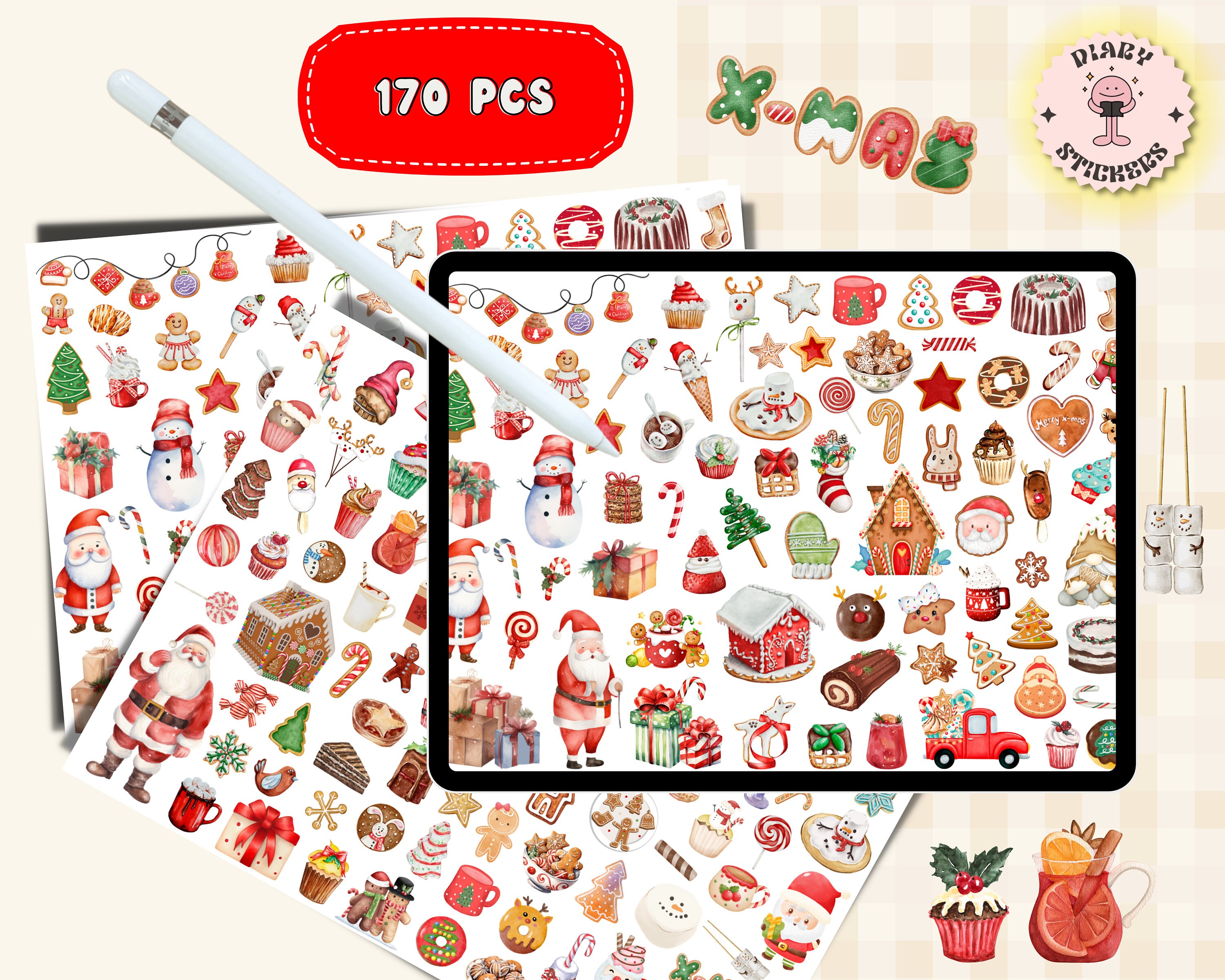 Sweet Christmas Digital Stickers, Holiday Watercolor Decorations ...