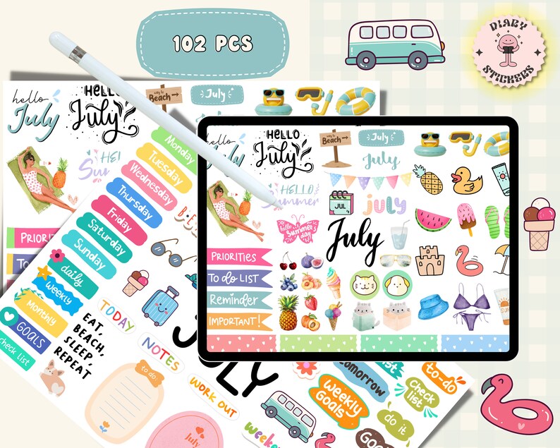 Month of July Digital Stickers for Goodnotes, July Pre-cropped Digital ...