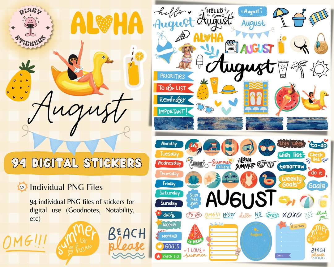 Month of August Digital Stickers for Goodnotes, August Pre-cropped ...