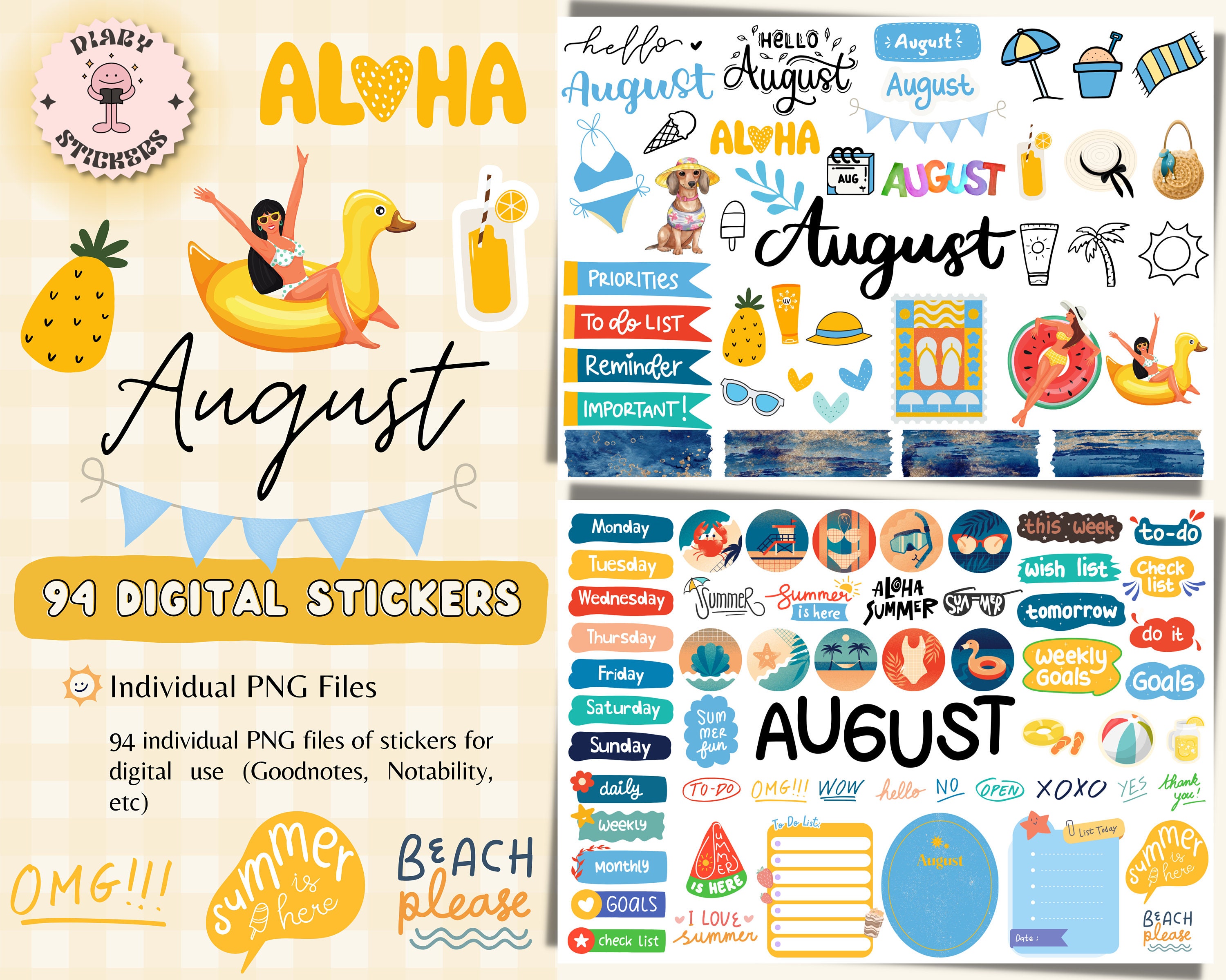 Month of August Digital Stickers for Goodnotes, August Pre-cropped ...