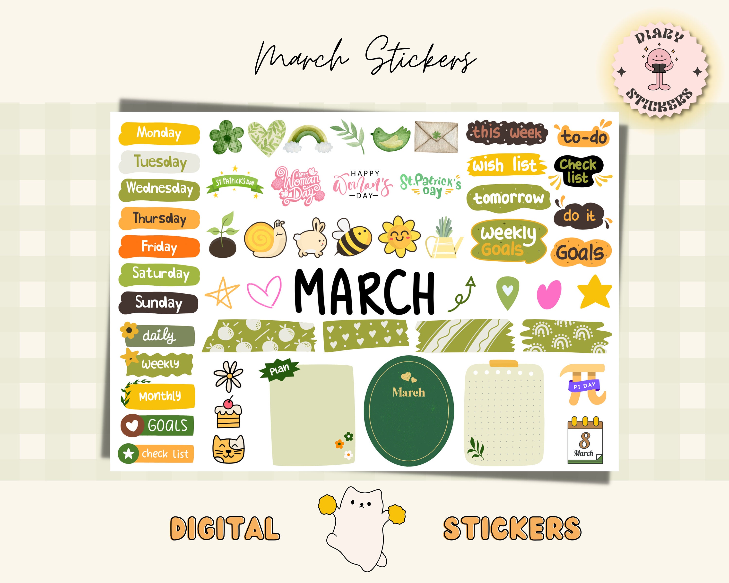 Month of March Digital Stickers for Goodnotes, March Pre-cropped ...