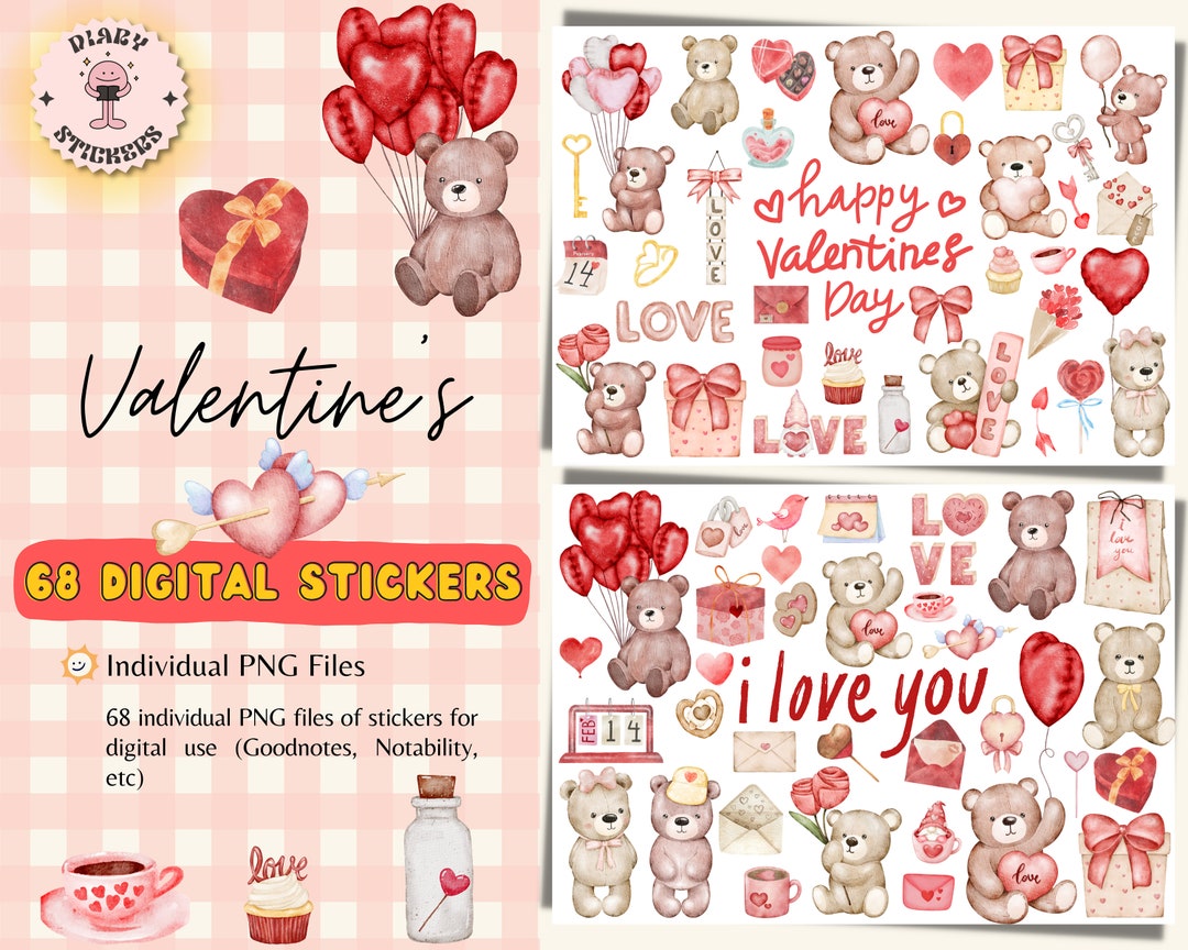 Valentine's Day Digital Stickers for Goodnotes, Valentines Pre-cropped ...