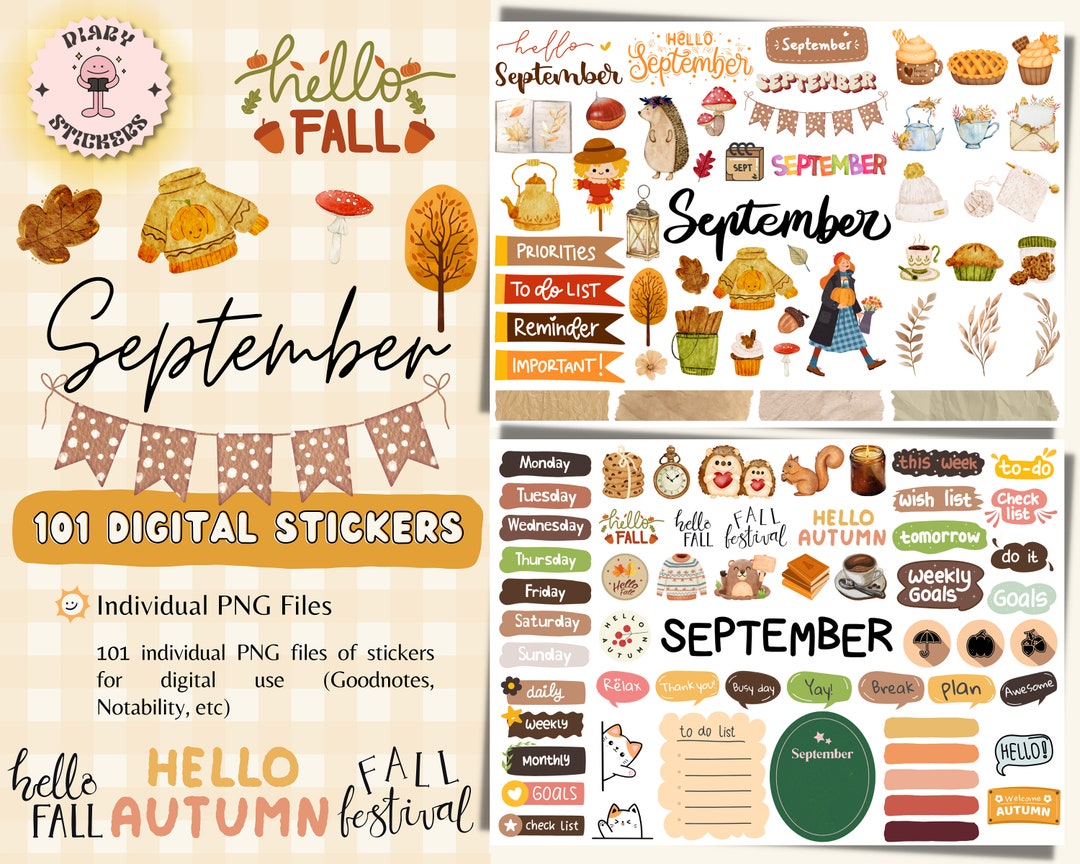 Month of September Digital Stickers for Goodnotes, September Pre ...