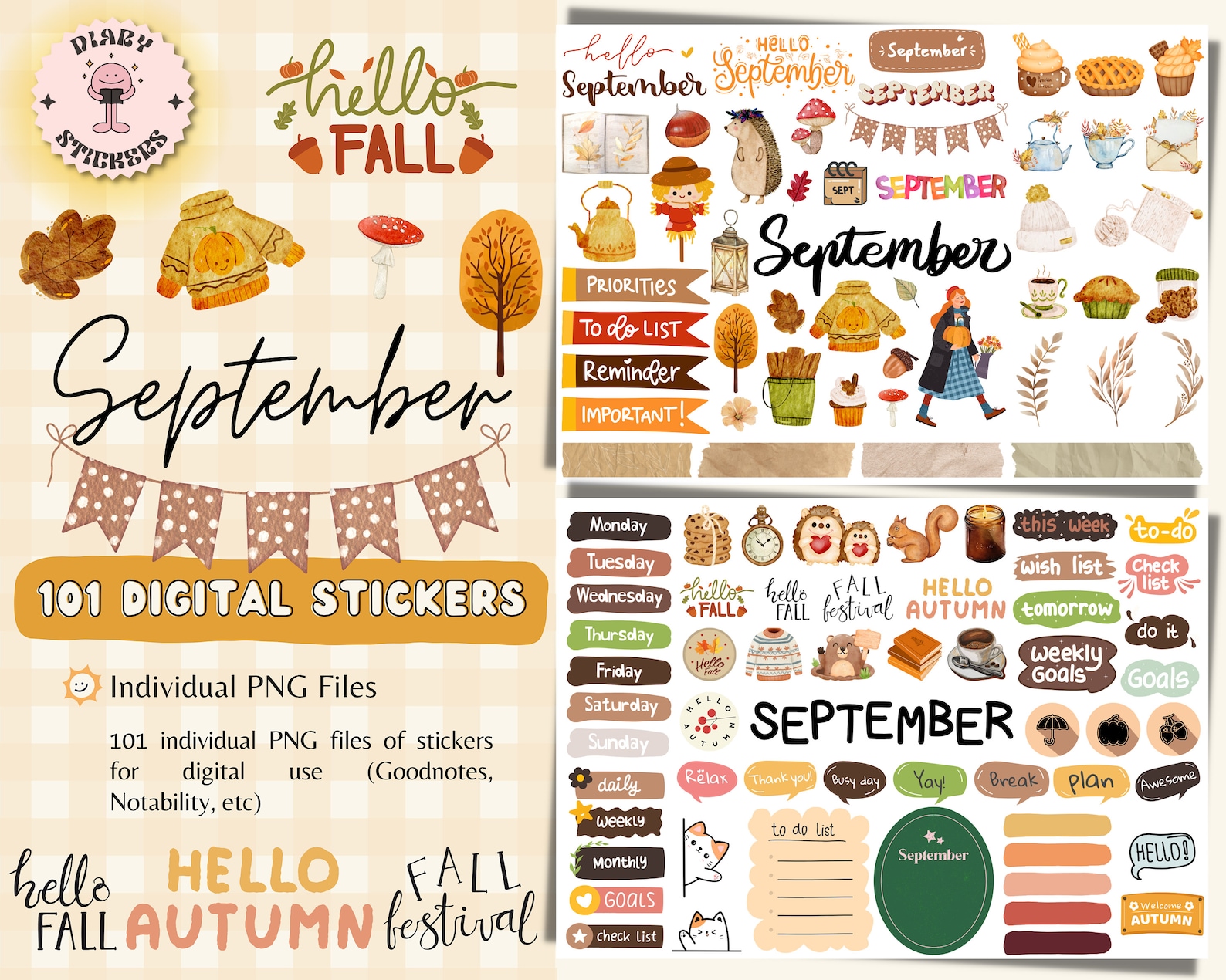 Month of September Digital Stickers for Goodnotes, September Pre ...