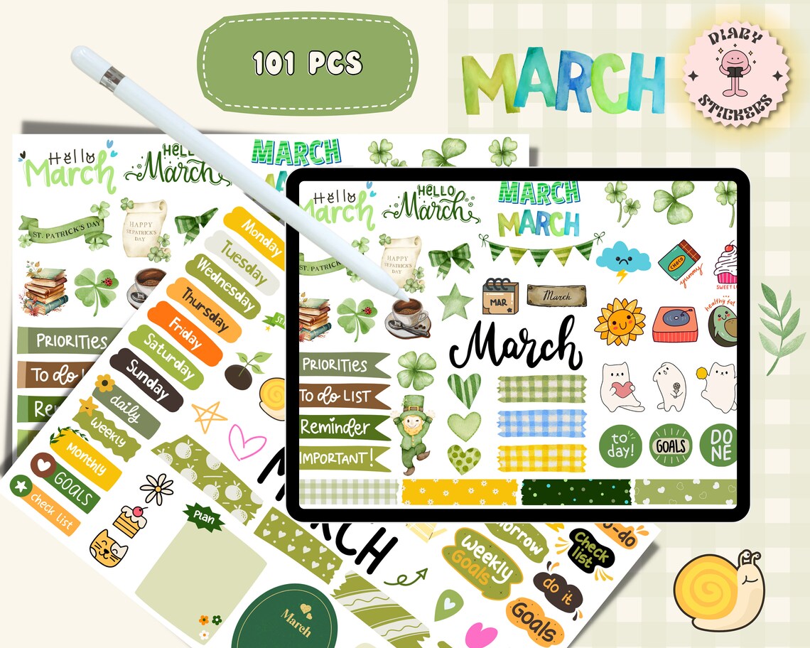 Month of March Digital Stickers for Goodnotes, March Pre-cropped ...