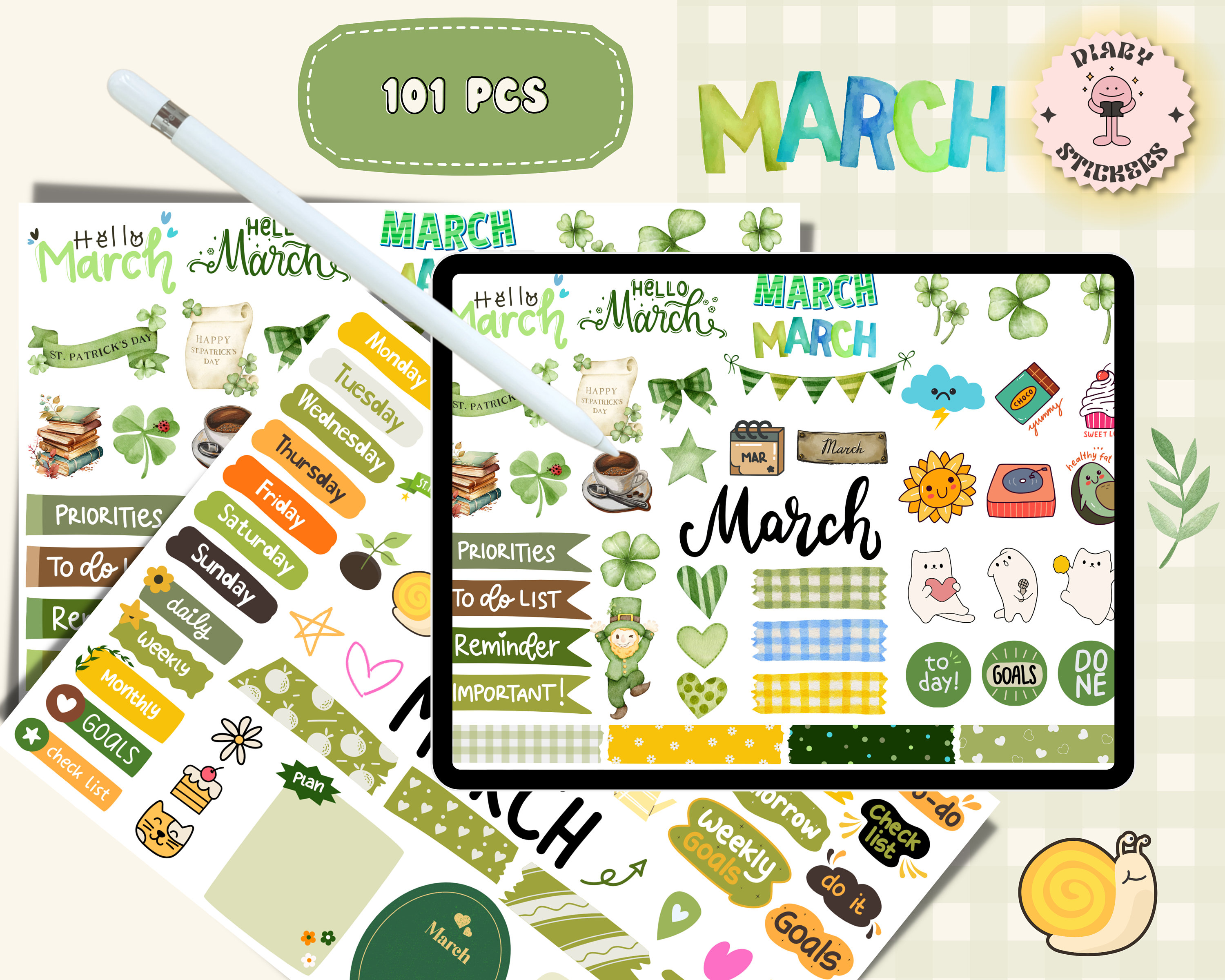 Month of March Digital Stickers for Goodnotes, March Pre-cropped ...
