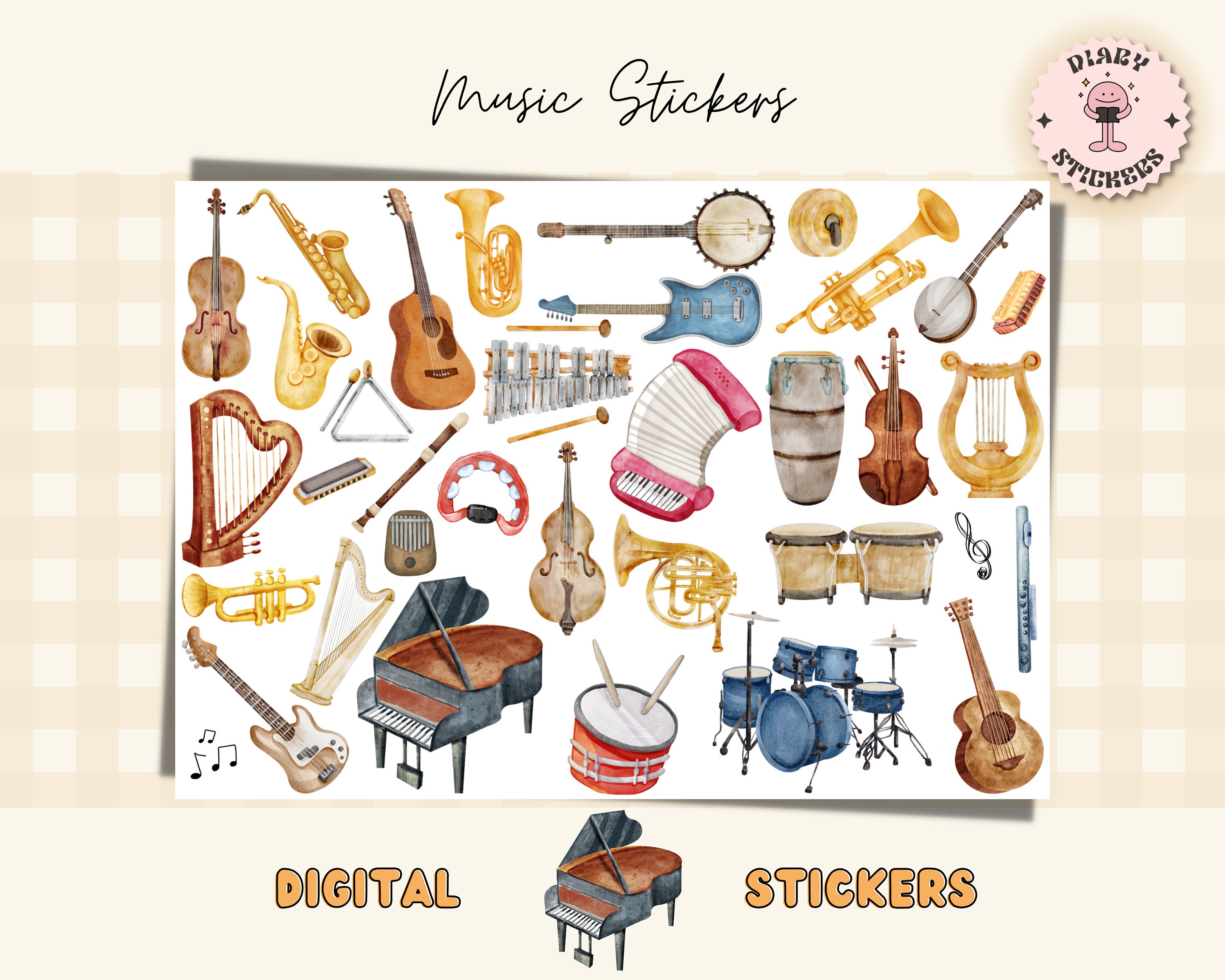 Musical Instruments Digital Stickers, Goodnotes Planner Stickers (PNG ...