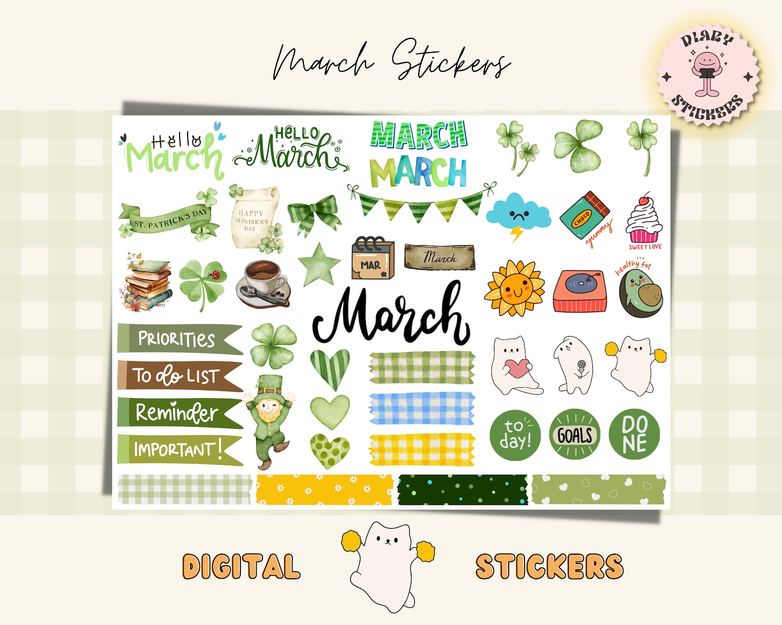 Month of March Digital Stickers for Goodnotes, March Pre-cropped ...