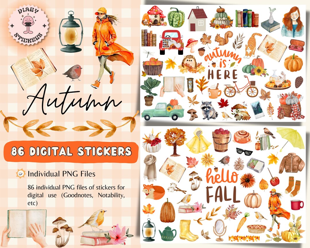 Autumn Digital Stickers for Goodnotes, Fall Season Pre-cropped Digital ...