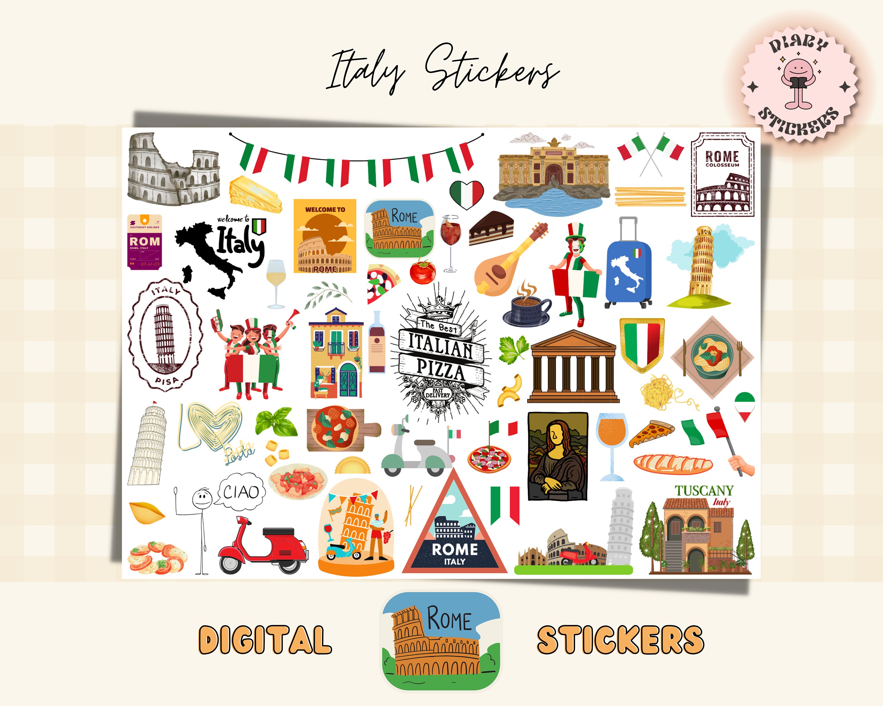 Italy Digital Stickers for Goodnotes, Italy Travel Pre-cropped Digital ...