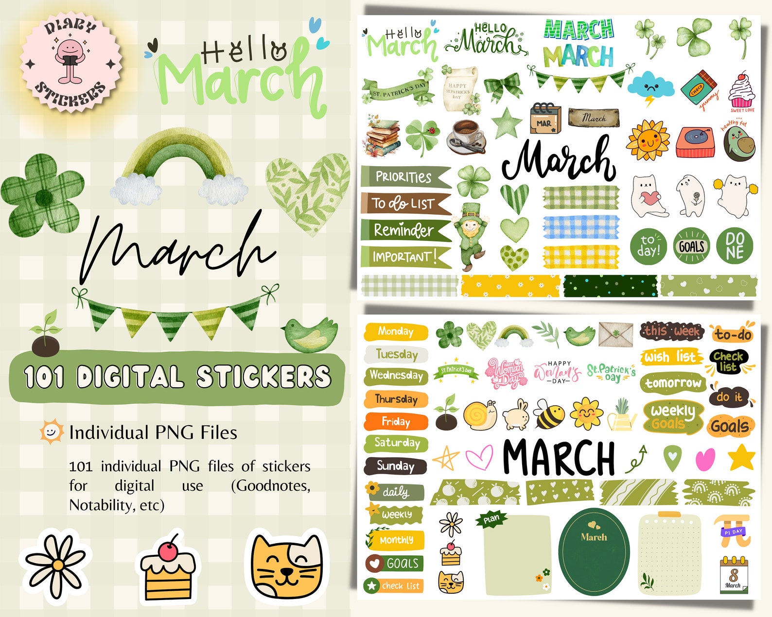 Month of March Digital Stickers for Goodnotes, March Pre-cropped ...