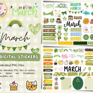 Month of March Digital Stickers for Goodnotes, March Pre-cropped ...