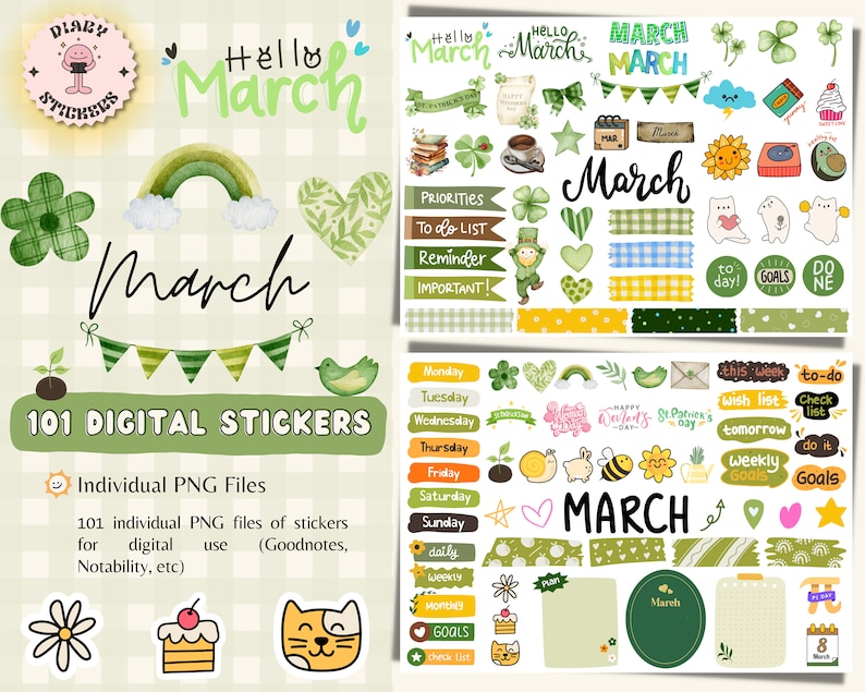 Month of March Digital Stickers for Goodnotes, March Pre-cropped ...