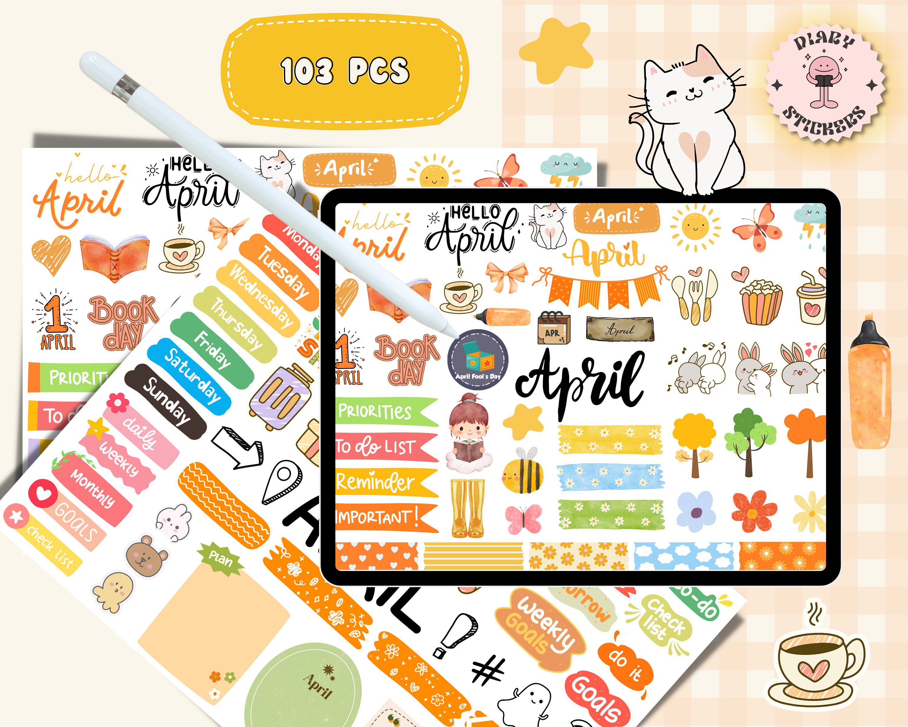 Month of April Digital Stickers for Goodnotes, April Pre-cropped ...