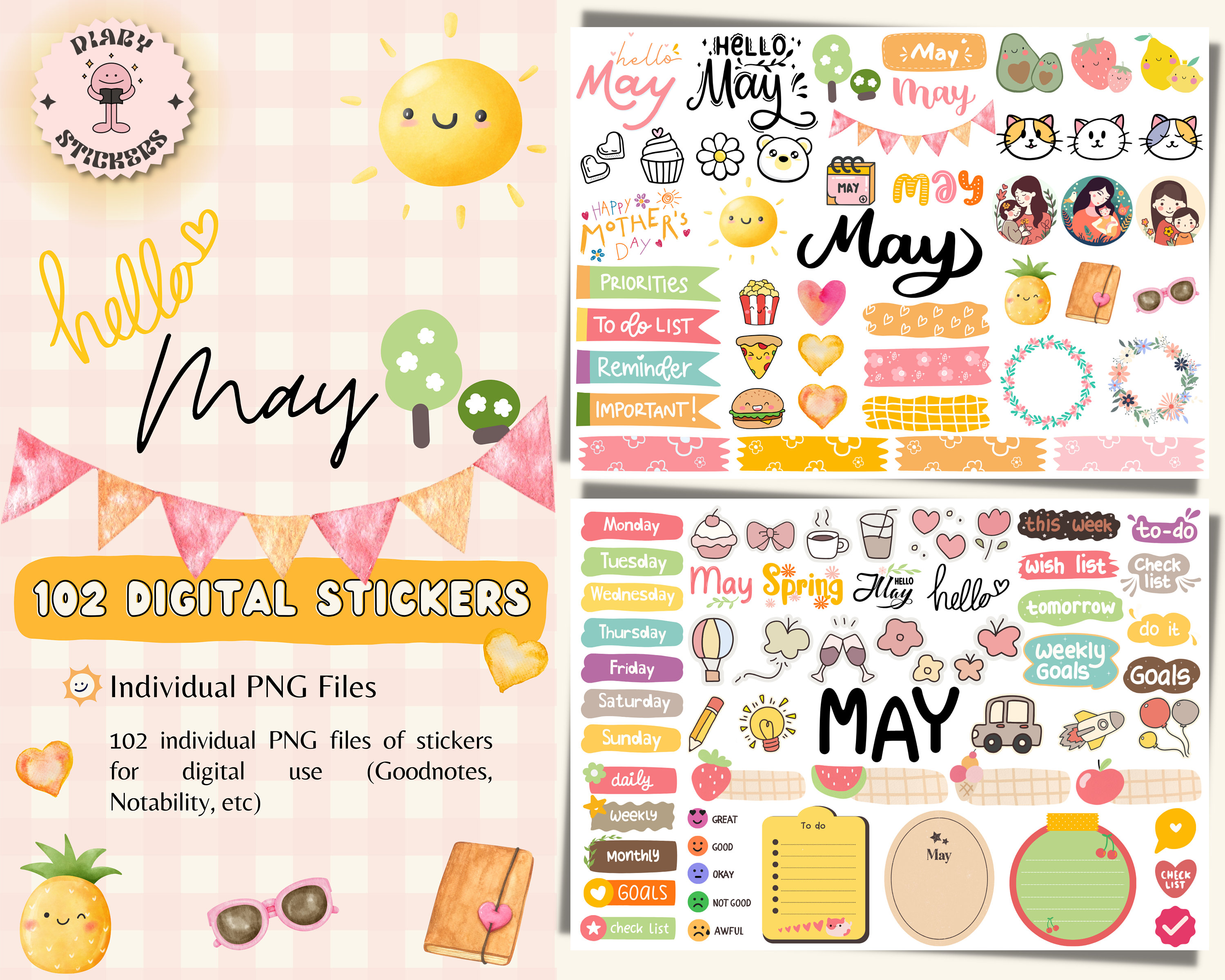 Month of May Digital Stickers for Goodnotes, May Pre-cropped Digital ...