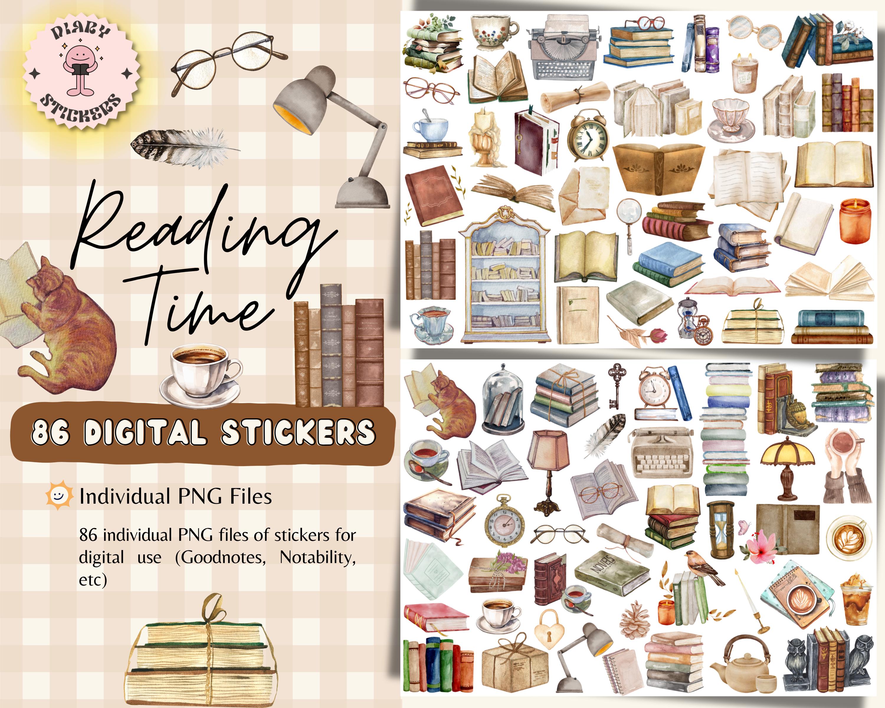 Reading Time Digital Stickers for Goodnotes, Bookworm Pre-cropped ...
