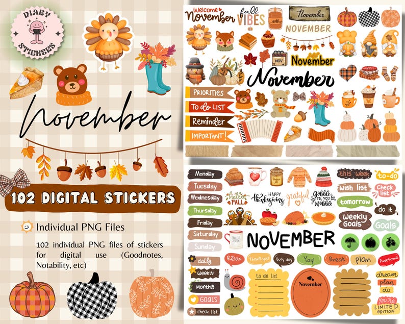 Month of November Digital Stickers for Goodnotes, November Pre-cropped ...