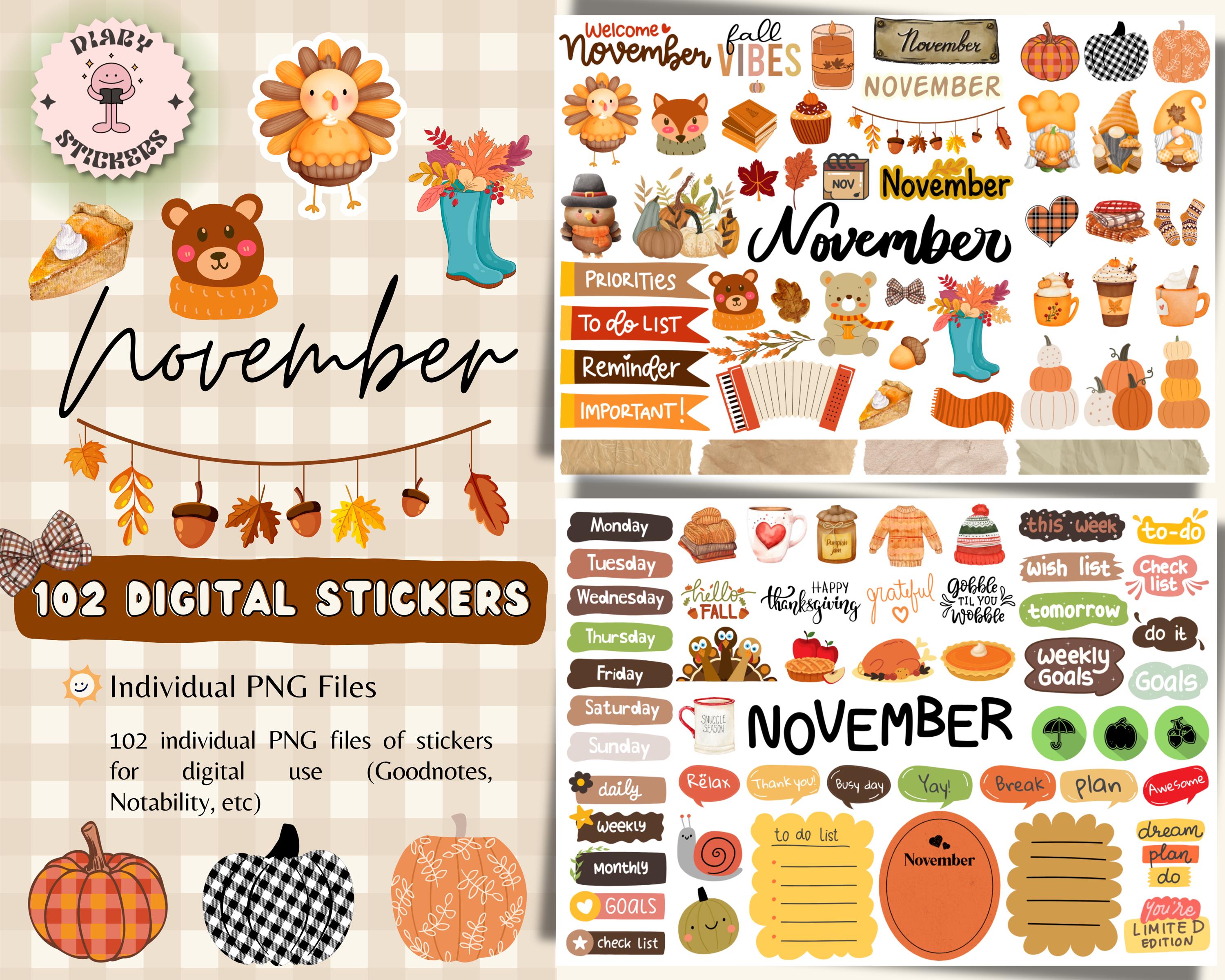 Month of November Digital Stickers for Goodnotes, November Pre-cropped ...