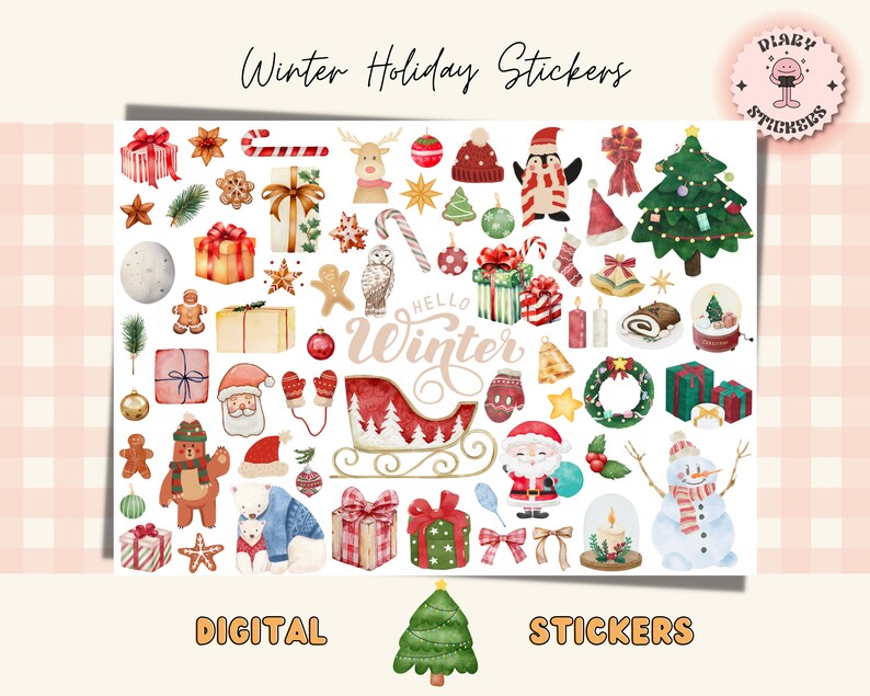 Winter Holiday Digital Stickers, Christmas Stickers, Holiday Stickers ...
