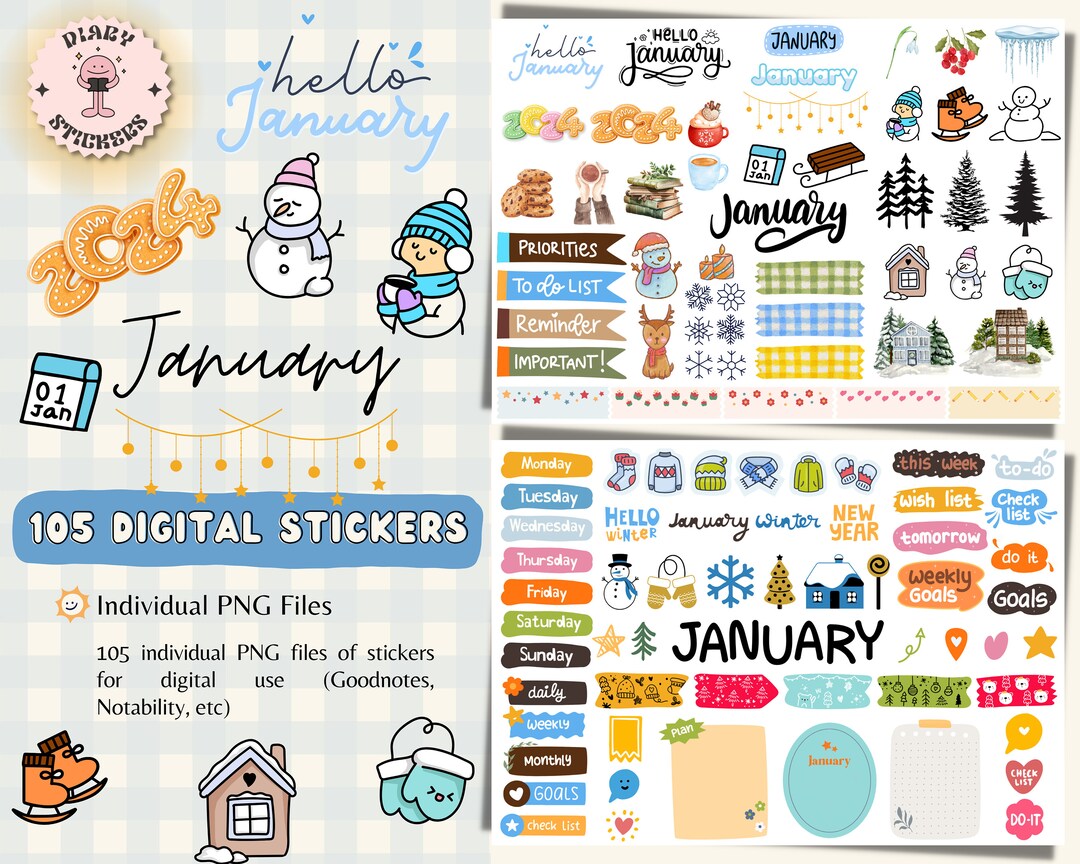 Month of January Digital Stickers for Goodnotes, January Pre-cropped ...