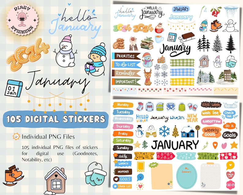 Month of January Digital Stickers for Goodnotes, January Pre-cropped ...