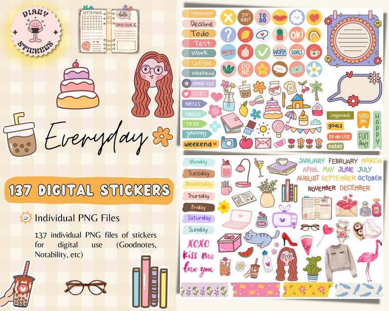 Everyday Digital Stickers for Goodnotes, Daily Life Pre-cropped Digital ...