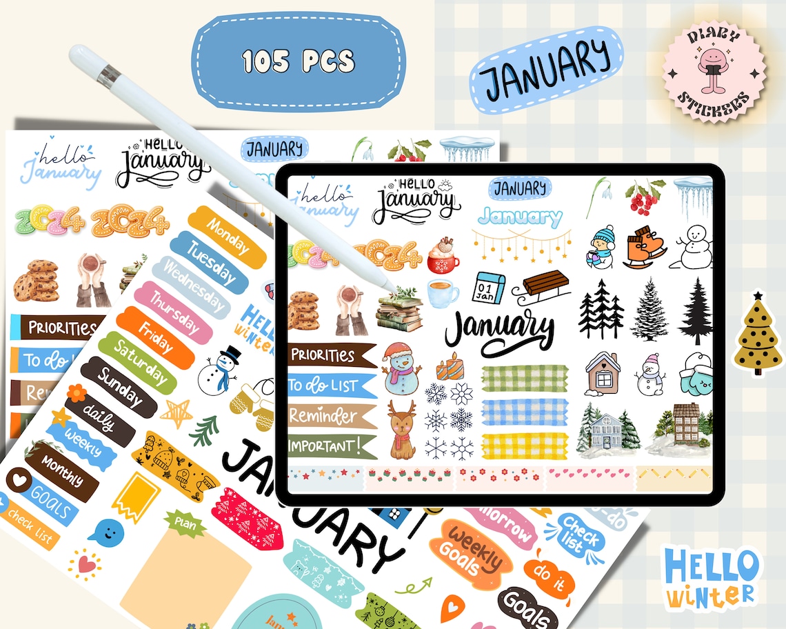 Month of January Digital Stickers for Goodnotes, January Pre-cropped ...