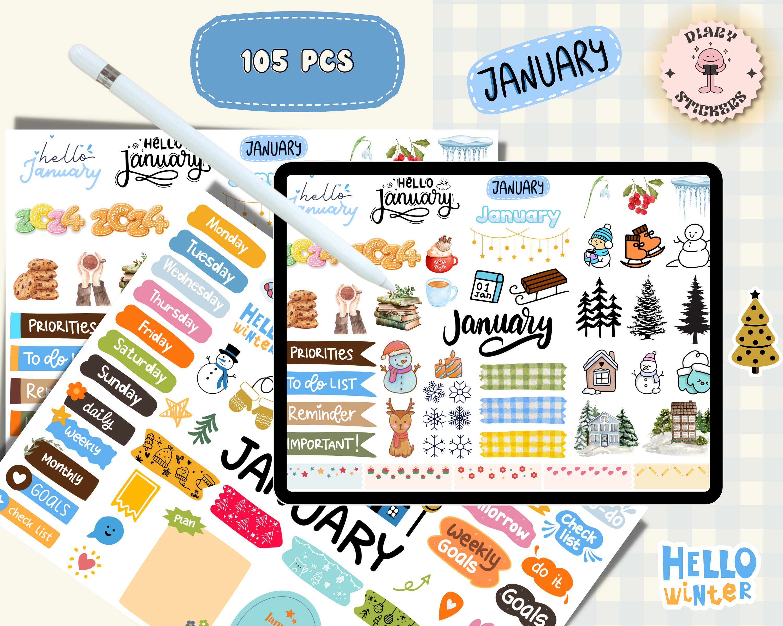 Month of January Digital Stickers for Goodnotes, January Pre-cropped ...