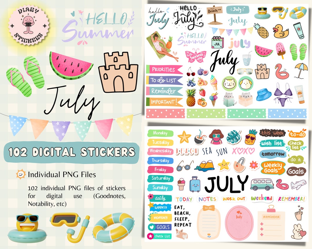 Month of July Digital Stickers for Goodnotes, July Pre-cropped Digital ...