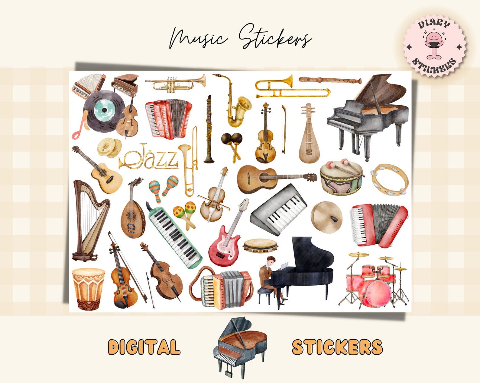 Music Digital Stickers for Goodnotes, Musical Instruments Pre-cropped ...