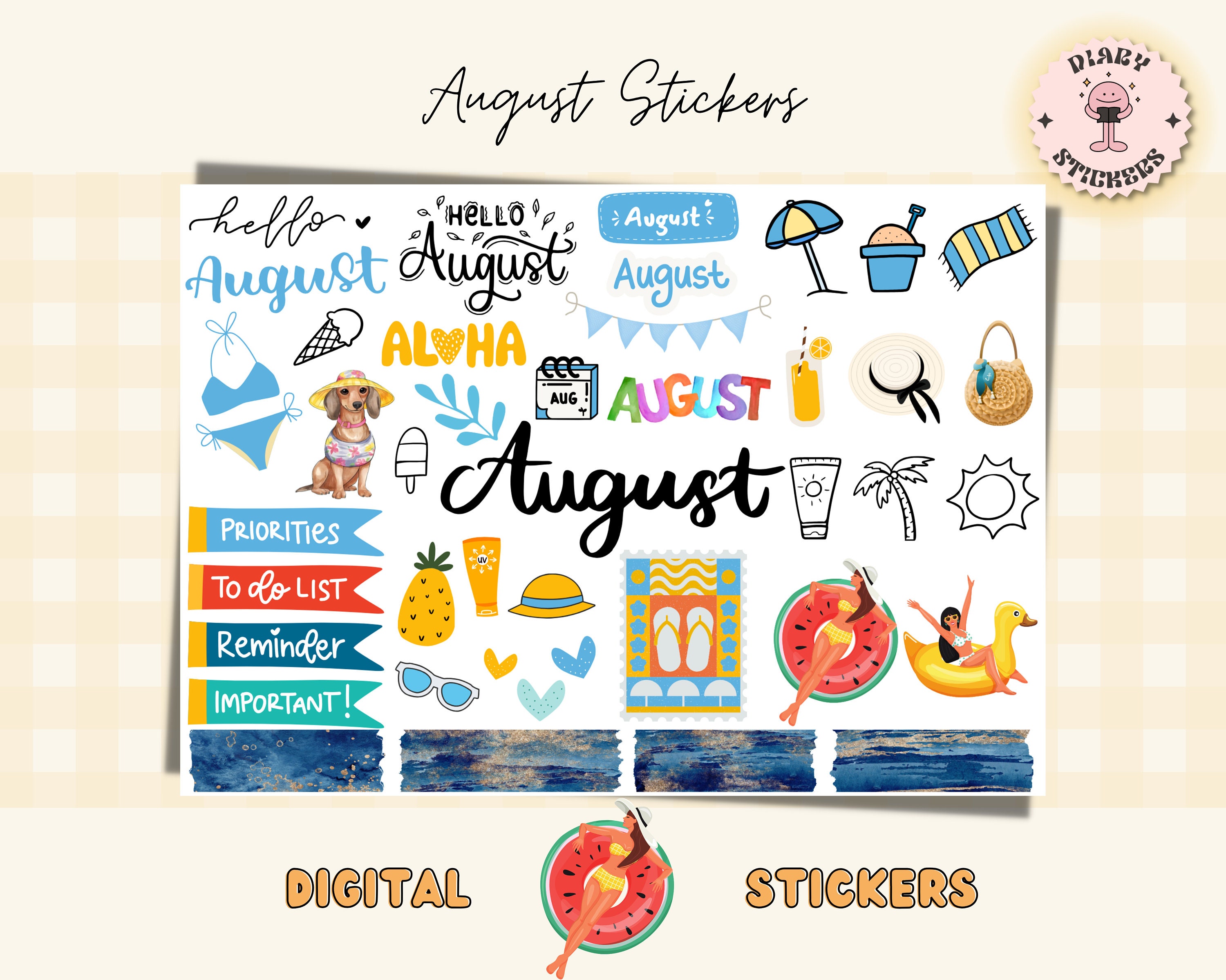 Month of August Digital Stickers for Goodnotes, August Pre-cropped ...