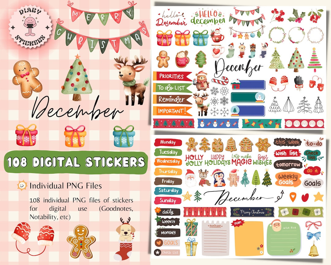 December Digital Stickers, Christmas Stickers, Holiday Stickers ...
