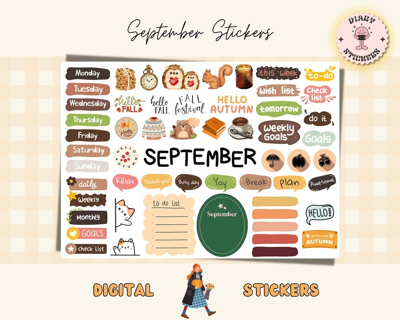 Month of September Digital Stickers for Goodnotes, September Pre ...