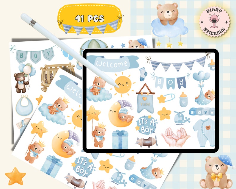 Hello Baby Boy Digital Stickers, Digital Stickers for Planners, Baby ...