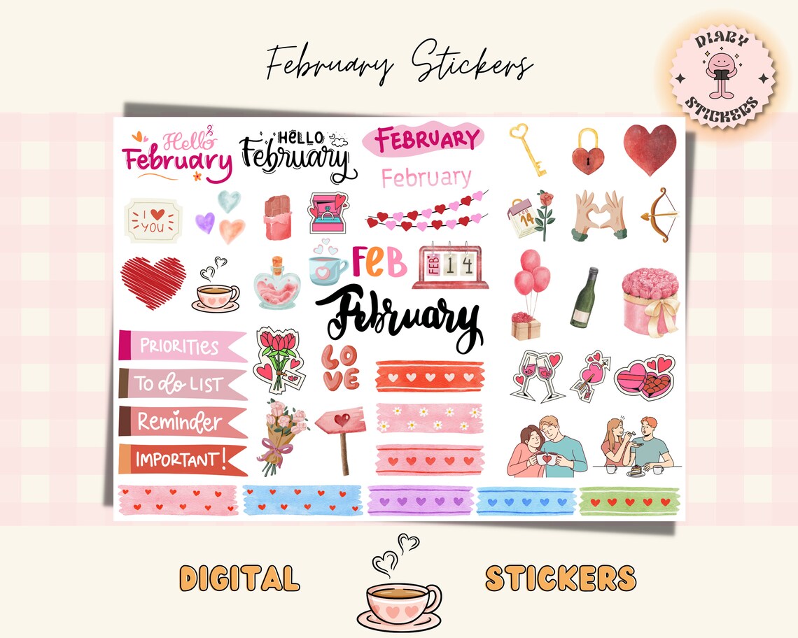 Month of February Digital Stickers for Goodnotes, February Pre-cropped ...