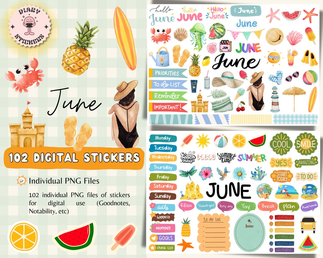 Month of June Digital Stickers for Goodnotes, June Pre-cropped Digital ...