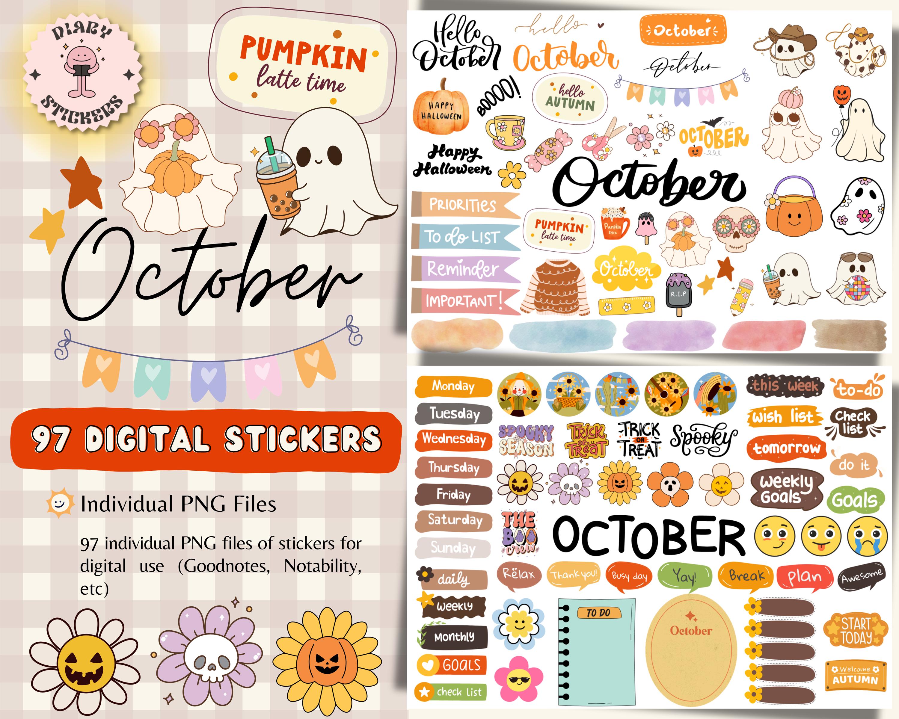 Month of October Digital Stickers for Goodnotes, October Pre-cropped ...