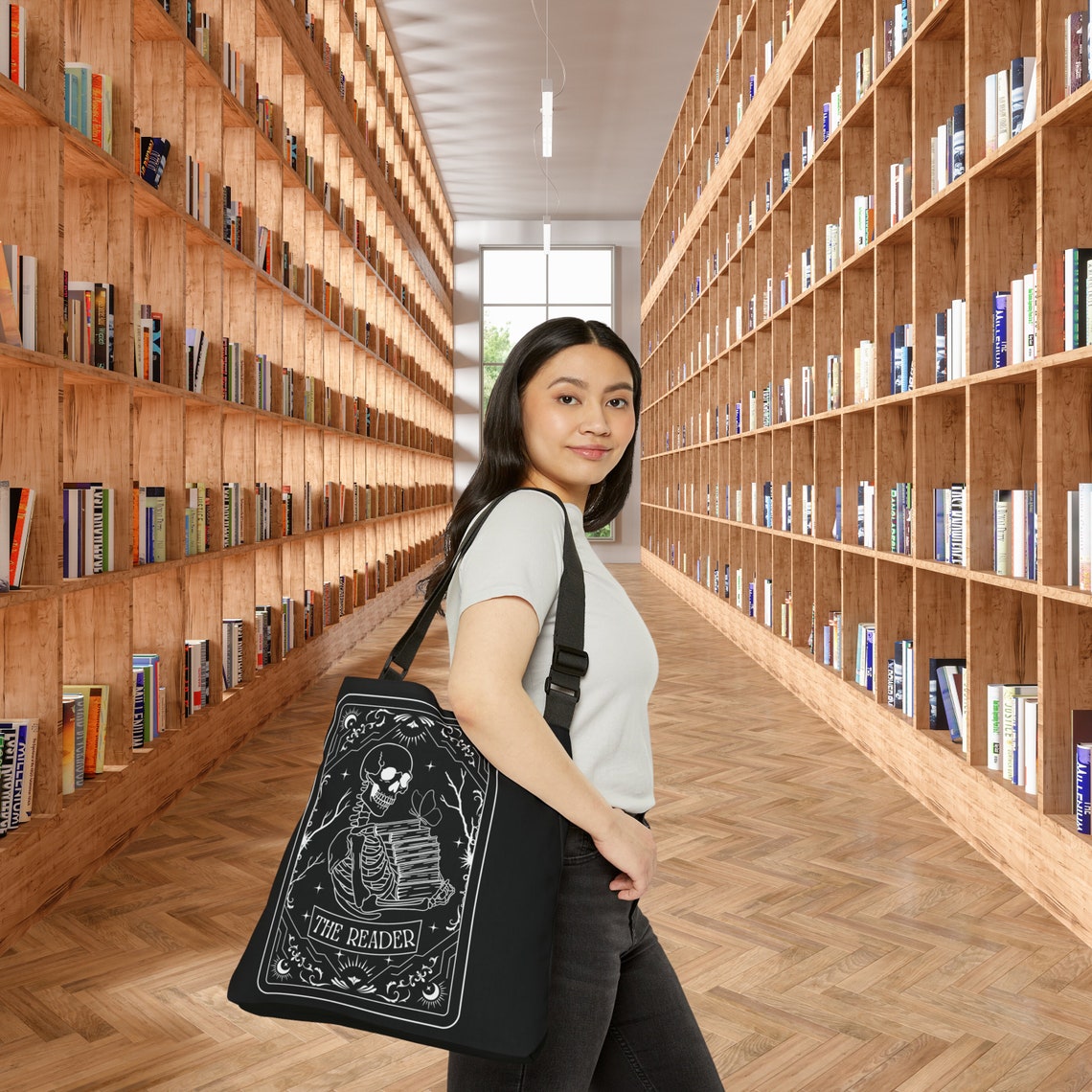 The Reader Skeleton Tarot Card Tote Bag With Adjustable Strap & Inside ...