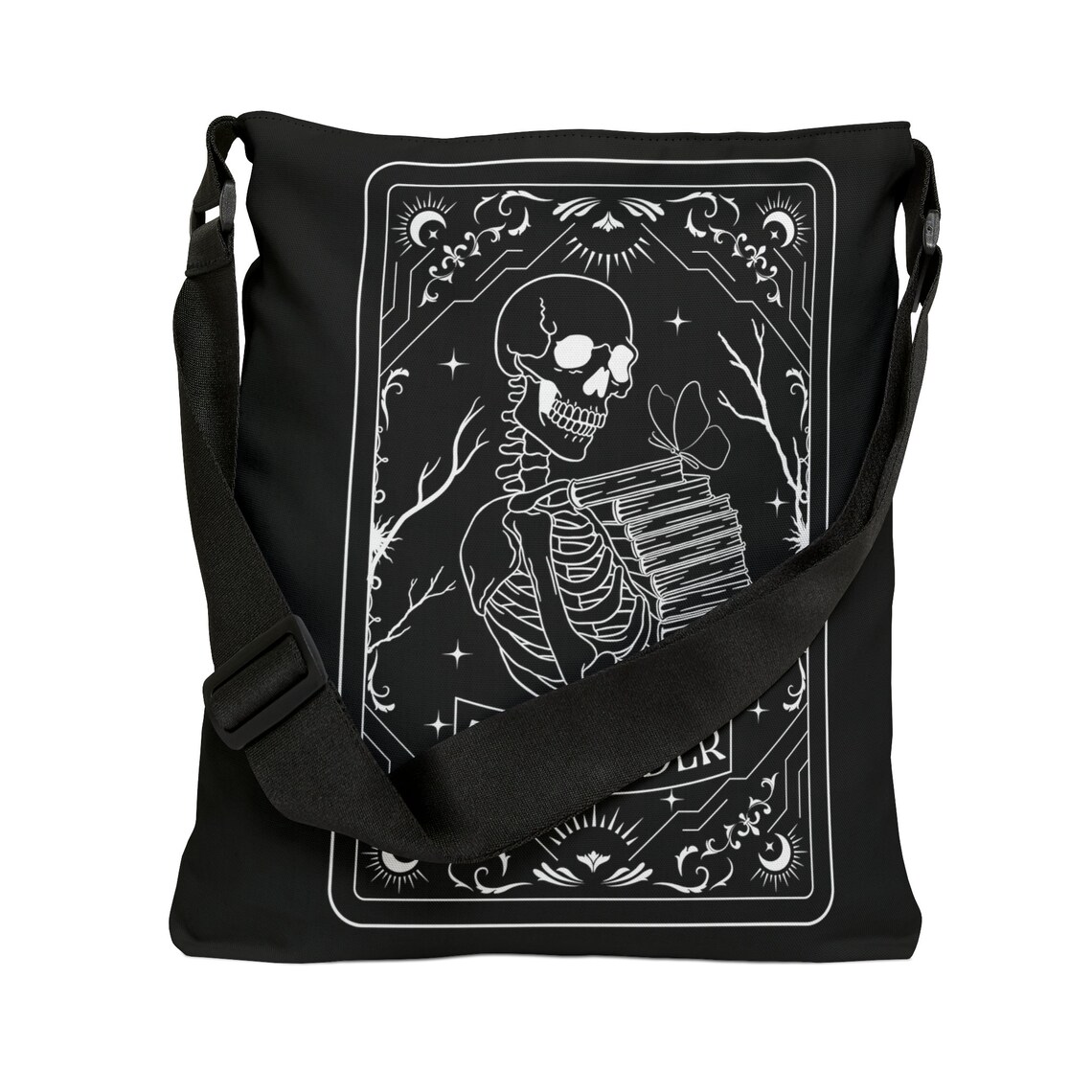The Reader Skeleton Tarot Card Tote Bag With Adjustable Strap & Inside ...