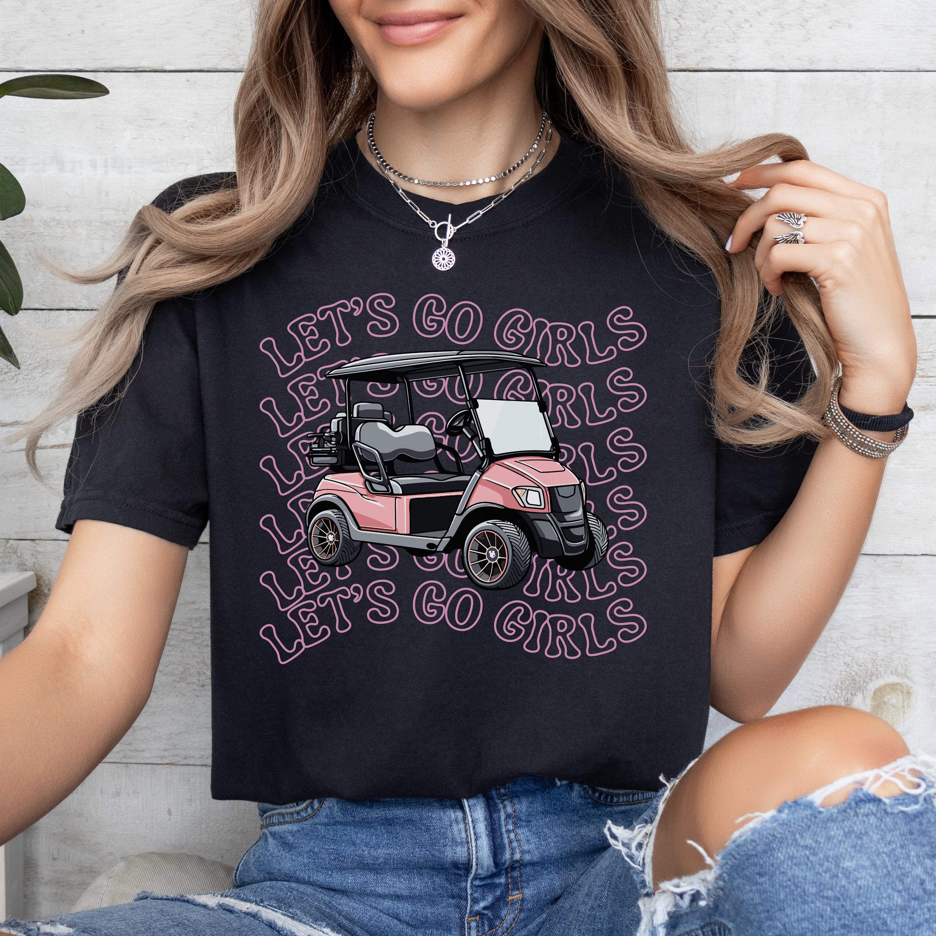 Retro Pink Let's Go Girls Golf Cart T-shirt Ladies Golf Gift Cute Golf ...
