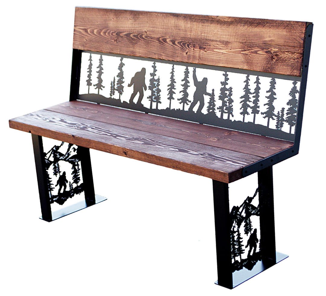 Rustic Wood & Metal Bigfoot Bench – Sasquatch Forest Silhouette Bench ...