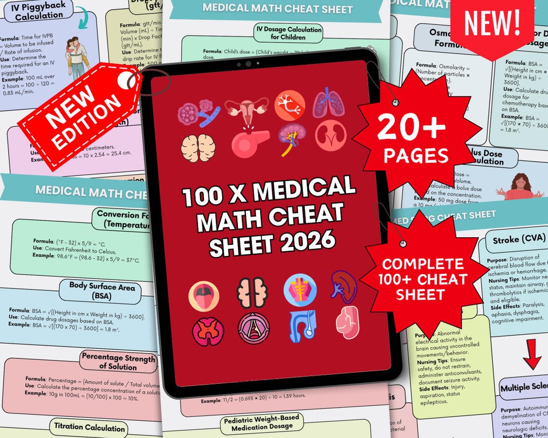 100+ Medication Math Cheat Sheet, Nursing Dosage Calculation Guide, 10 ...